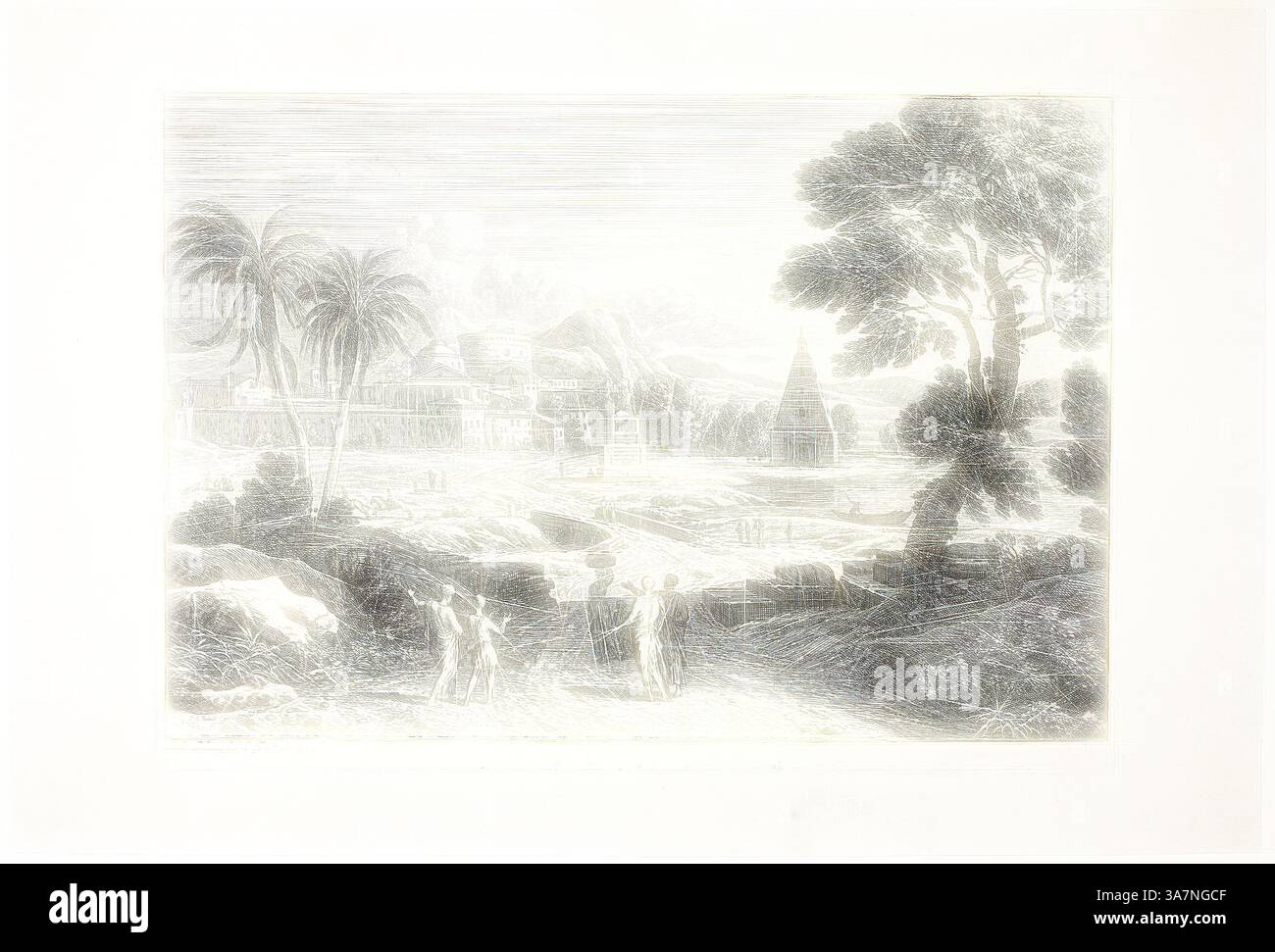 A serene landscape featuring lush palm trees and distant mountains ...