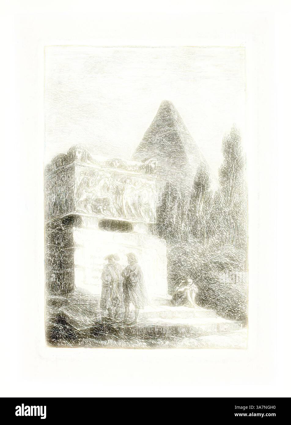 Two figures stand before an ornate monument, surrounded by lush trees ...