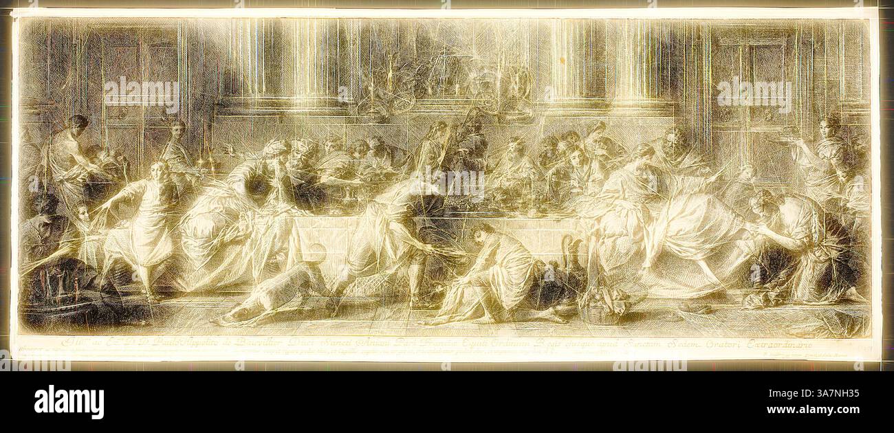 A dramatic scene depicts a group of figures gathered around a long ...