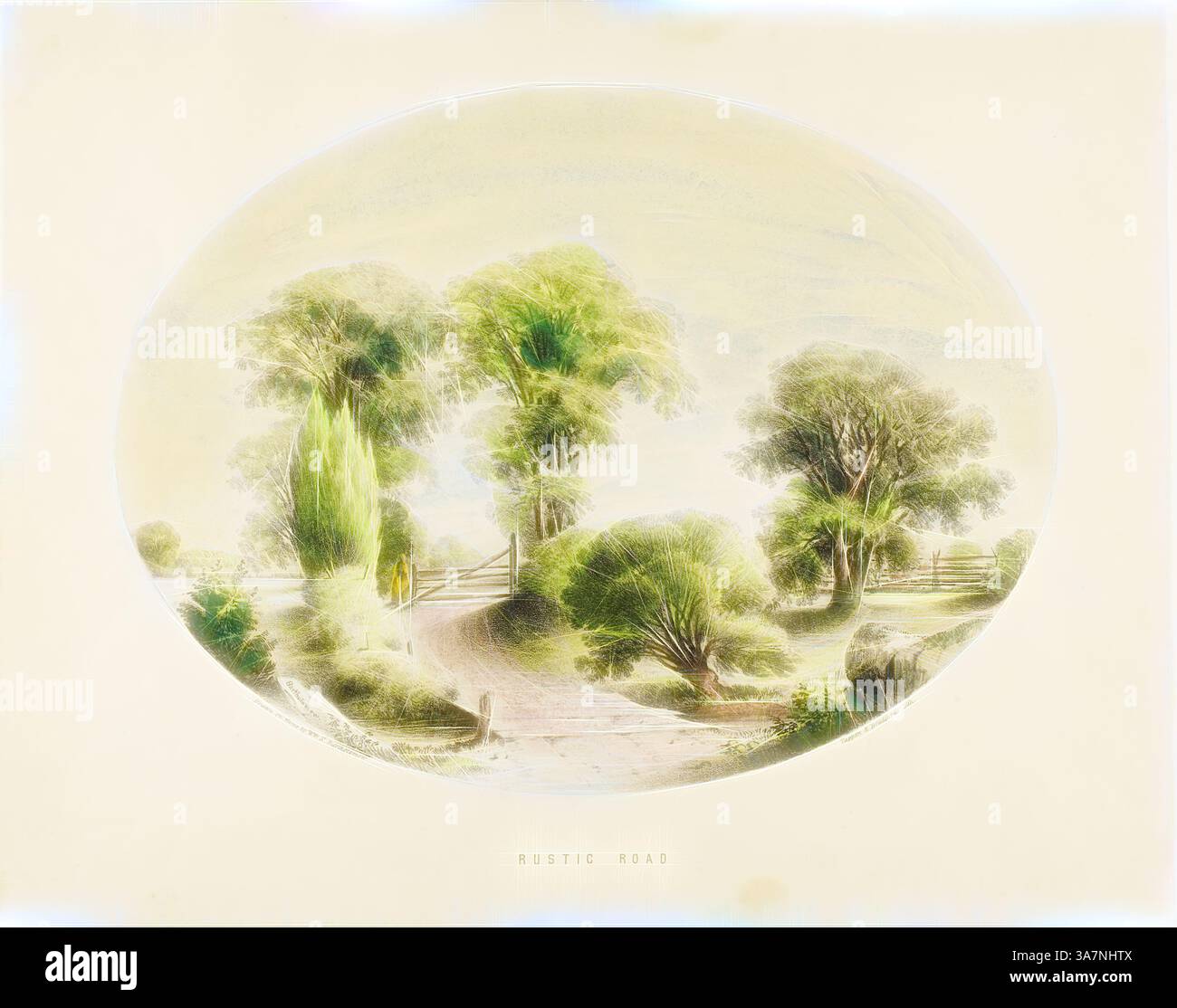 A serene landscape featuring a winding dirt road bordered by lush trees ...