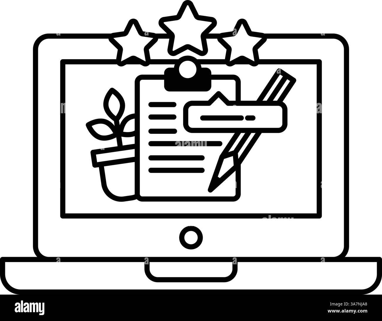 A laptop screen with a clipboard, a pencil, and a plant. The clipboard ...
