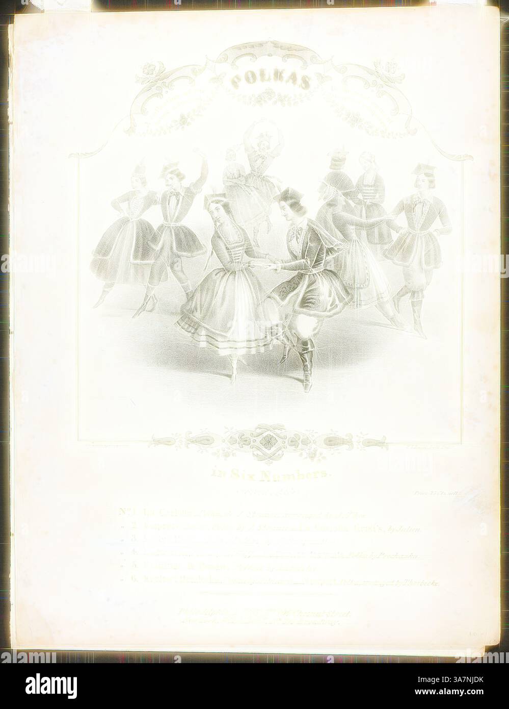 A lively scene depicts dancers in traditional attire engaged in a ...