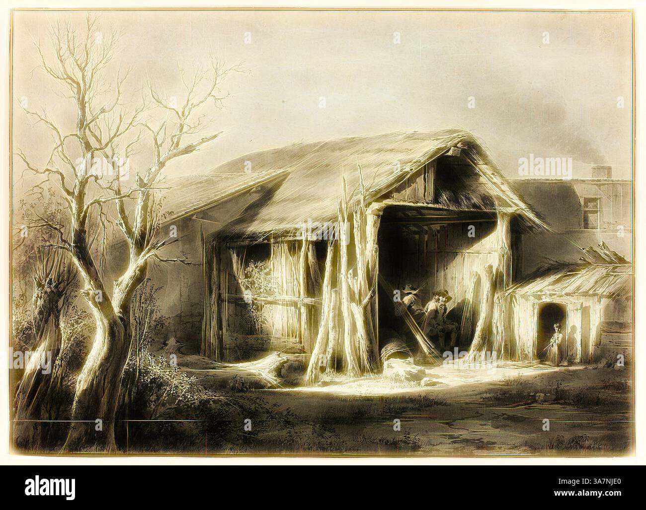 A dilapidated barn stands in a desolate landscape, surrounded by ...