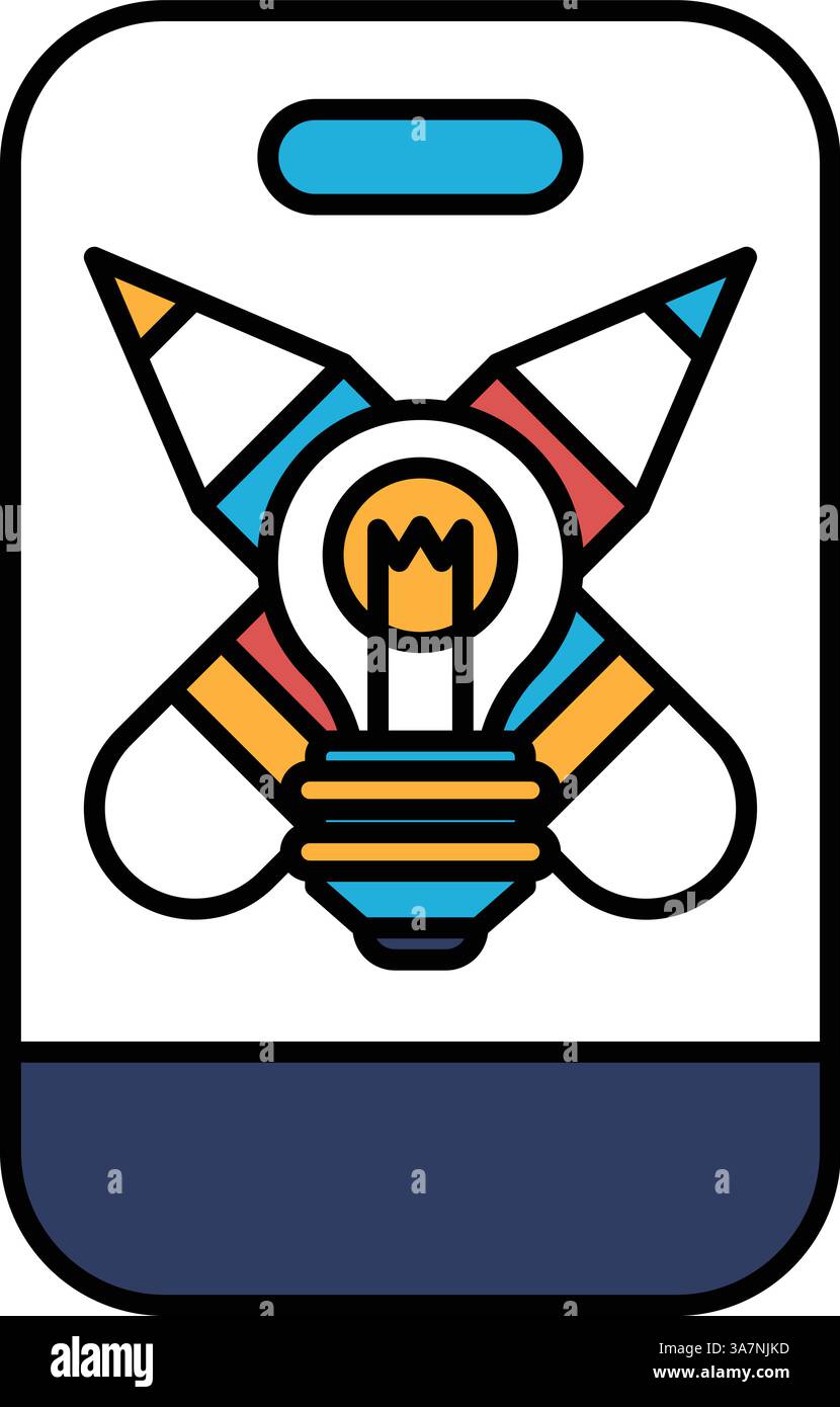 A colorful sticker with a light bulb and pencils on it. The sticker is blue, red, and yellow ...