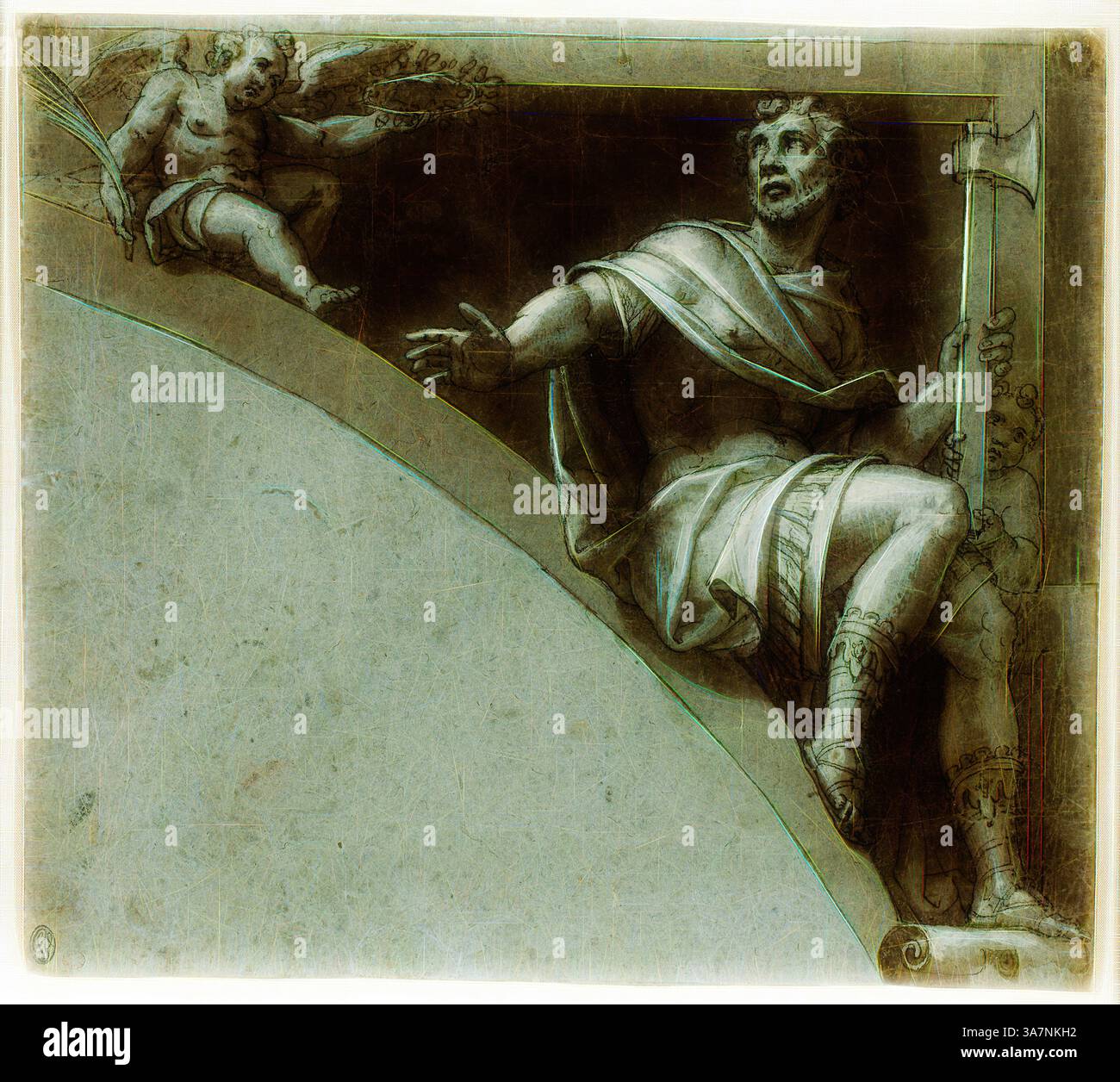 A dynamic scene featuring a heroic figure seated on a ledge, holding an ...