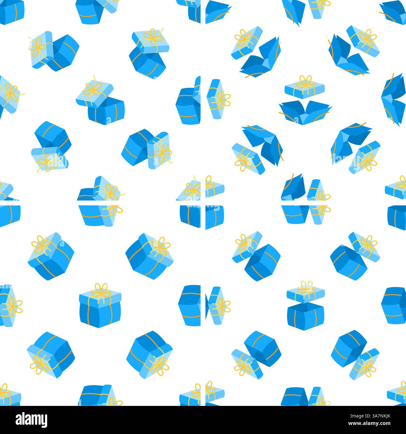 Seamless pattern of blue gift boxes with gold ribbons floating on white ...