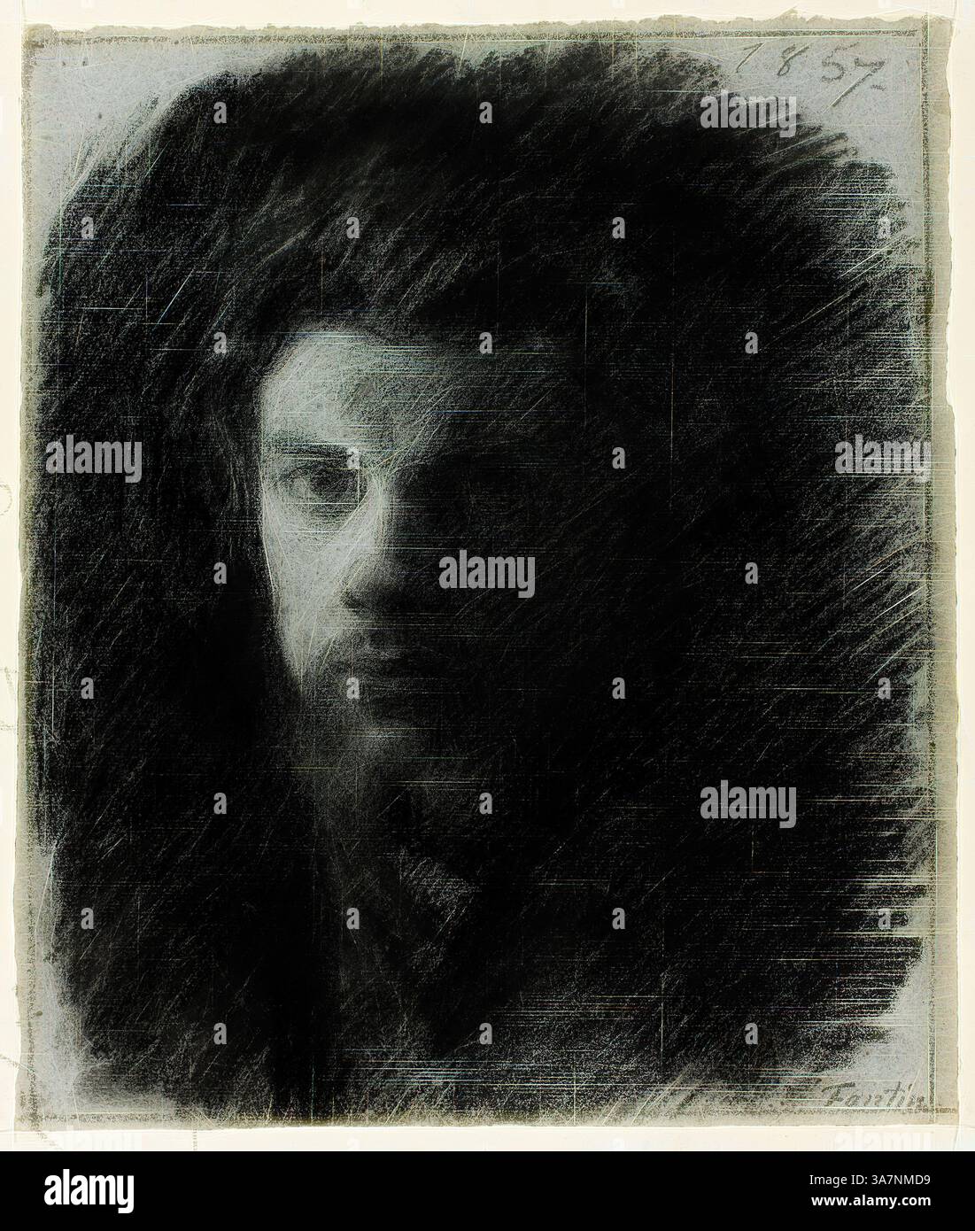 A solemn portrait of a man with piercing eyes, framed by dark, shadowy ...