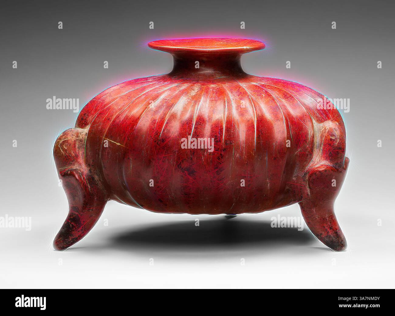 A beautifully crafted red vessel with a bulbous body and elegant ribbed ...