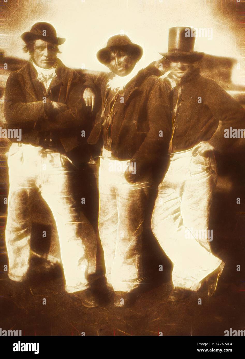 Three individuals stand confidently, dressed in historical attire that ...