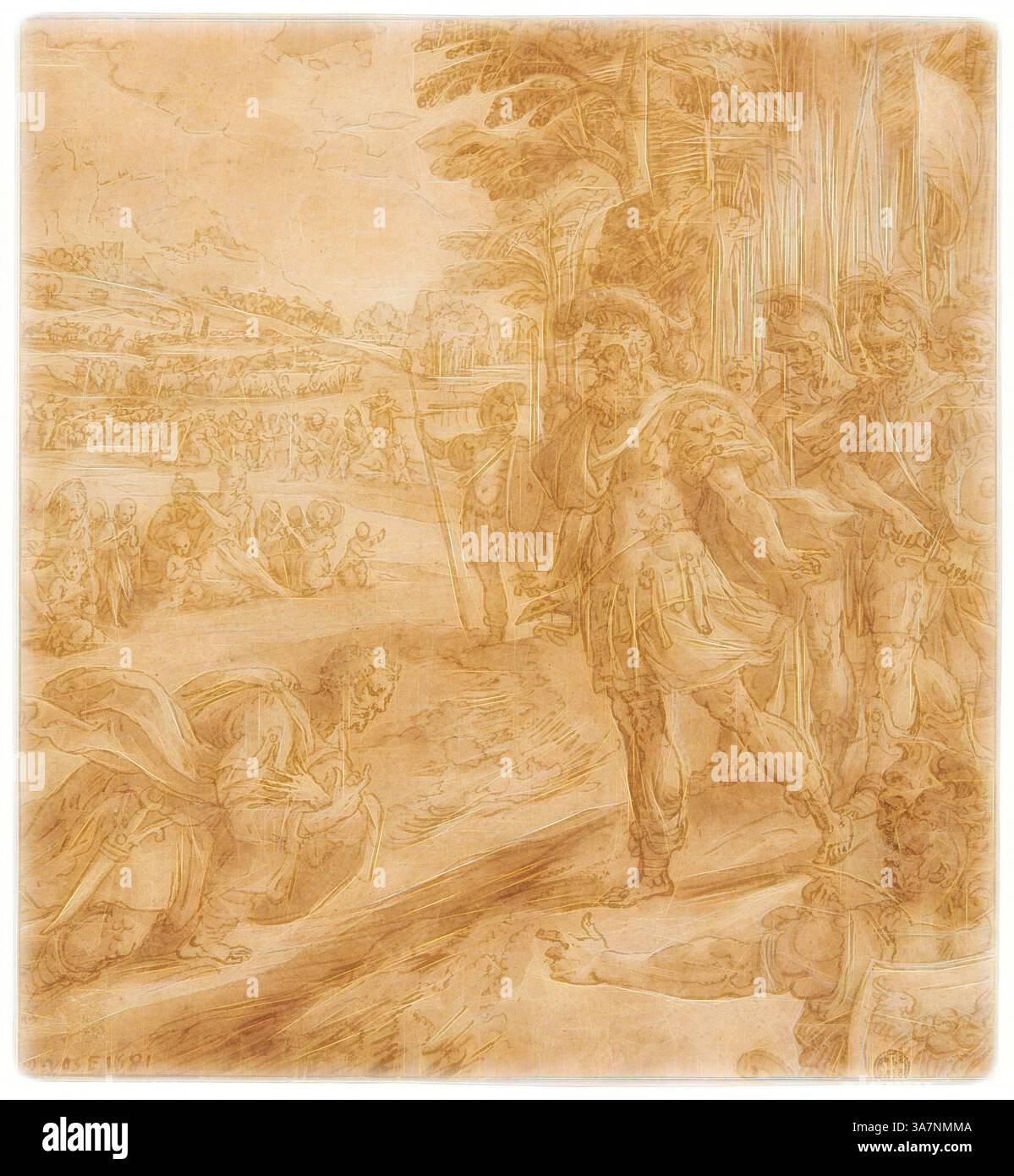 A scene depicting a historical moment, where a kneeling figure seeks ...