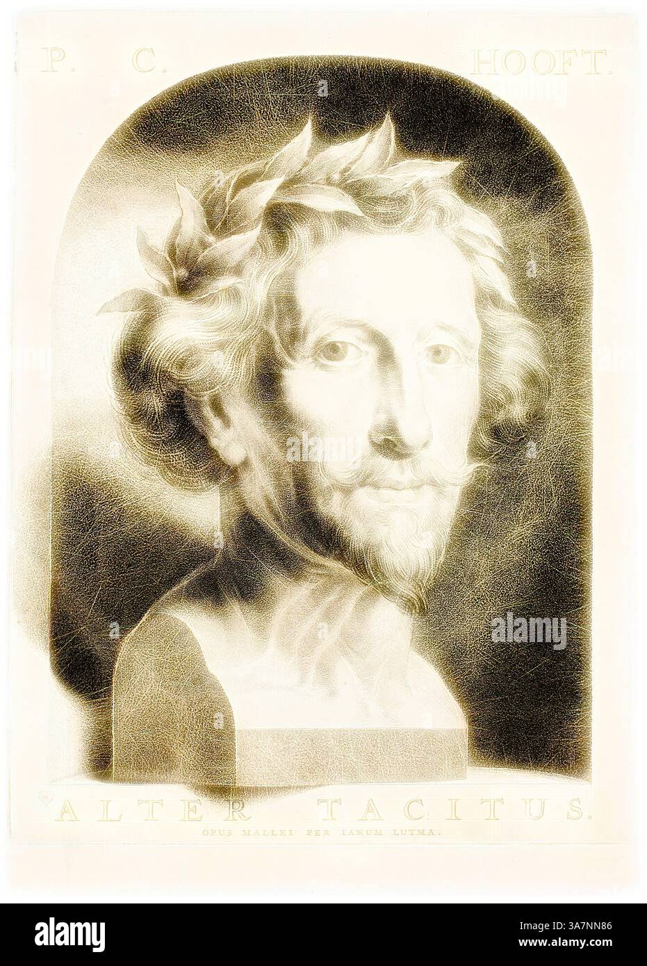 A portrait featuring a man with a thoughtful expression, adorned with a ...