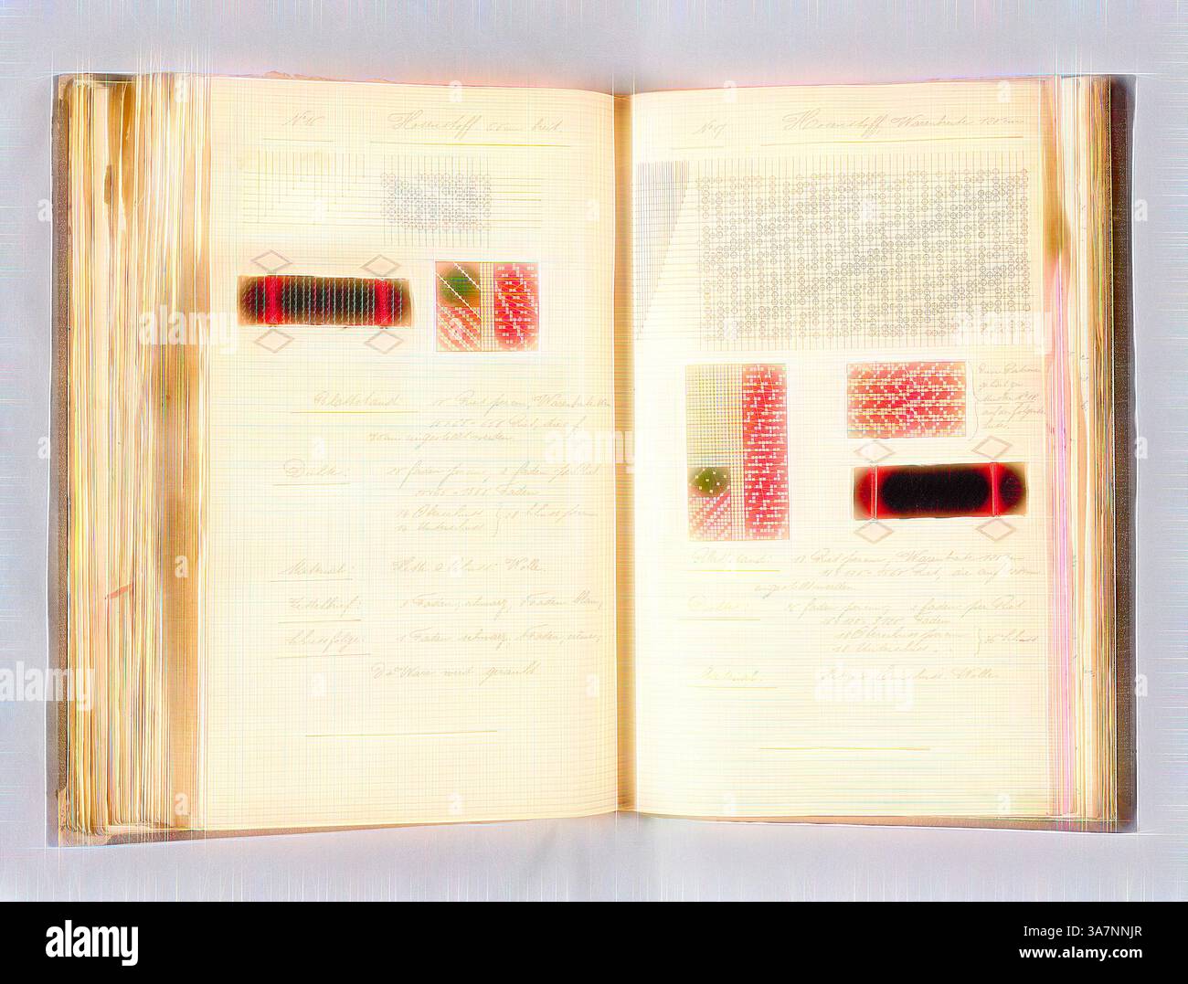 An open ledger displaying colorful textile samples alongside ...