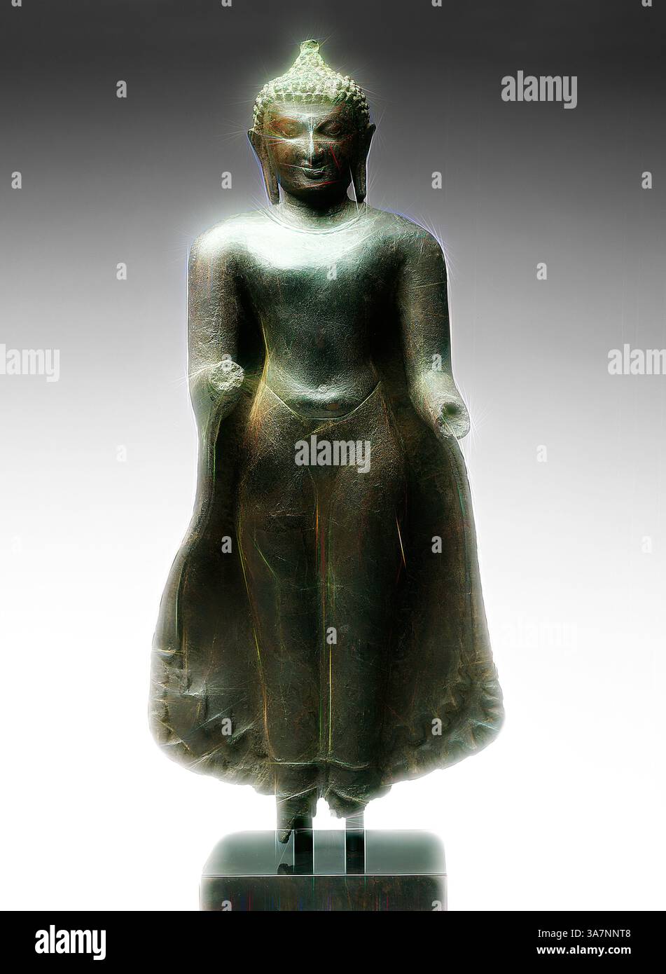 A serene statue of Buddha, depicted with a calm expression and ...