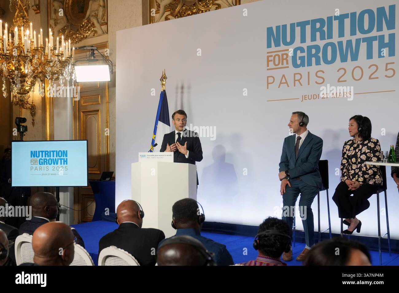 French President Emmanuel Macron delivers her speech at the Nutrition for Growth summit ...