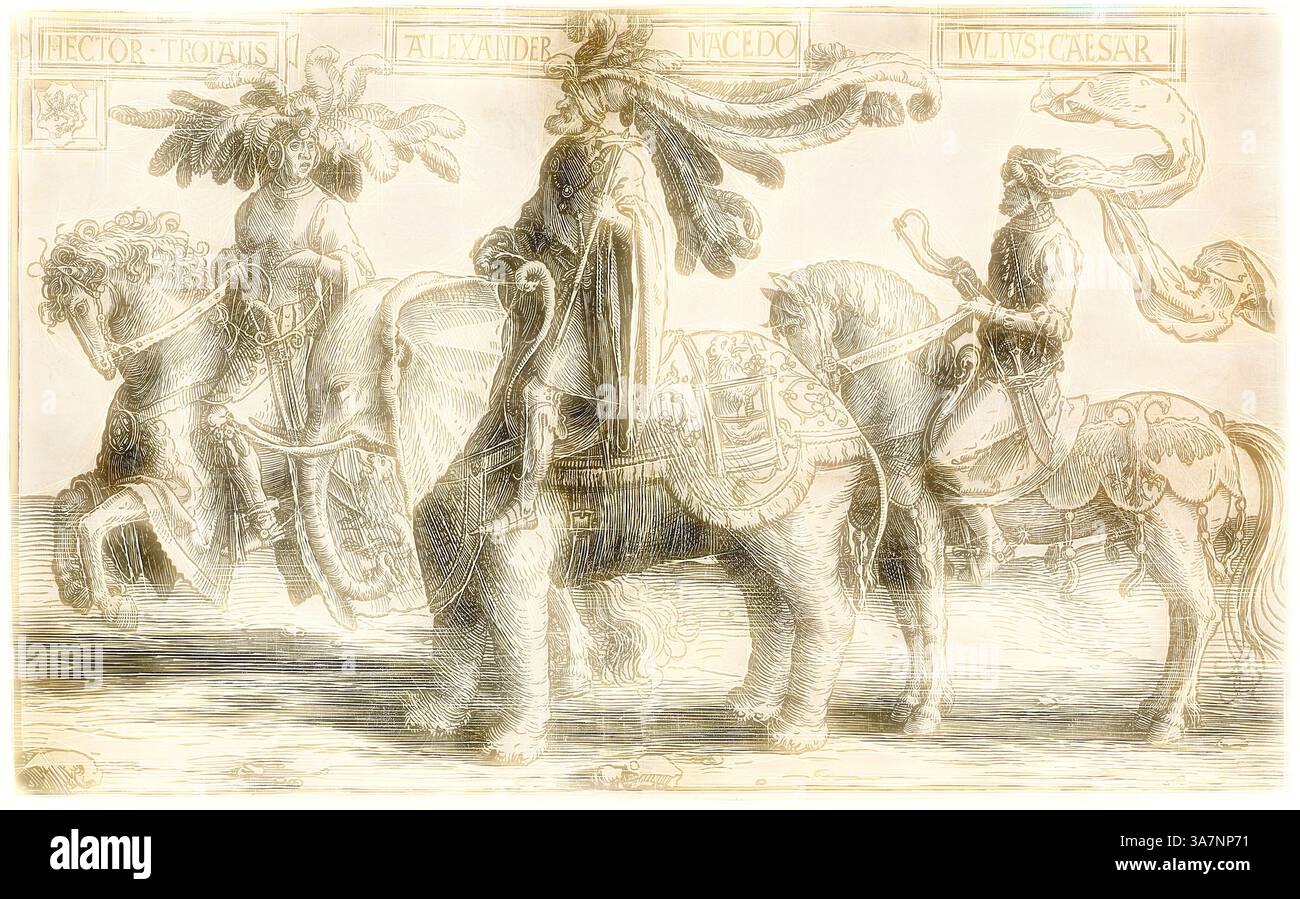 Three majestic figures on horseback, each adorned in elaborate attire ...