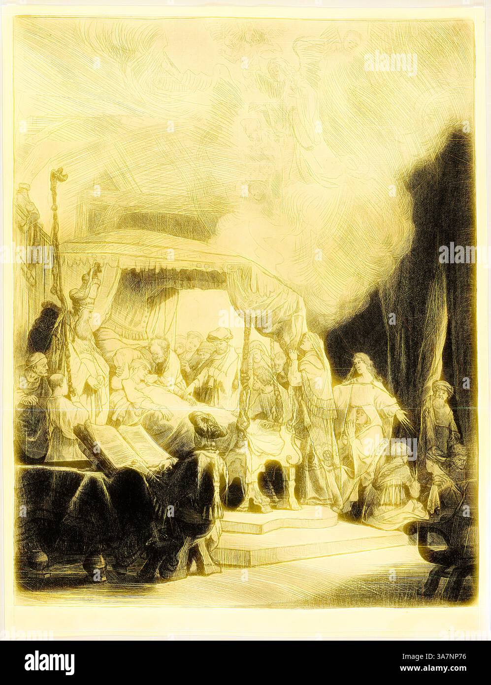 A scene depicting a group of figures gathered around a bed, where a ...