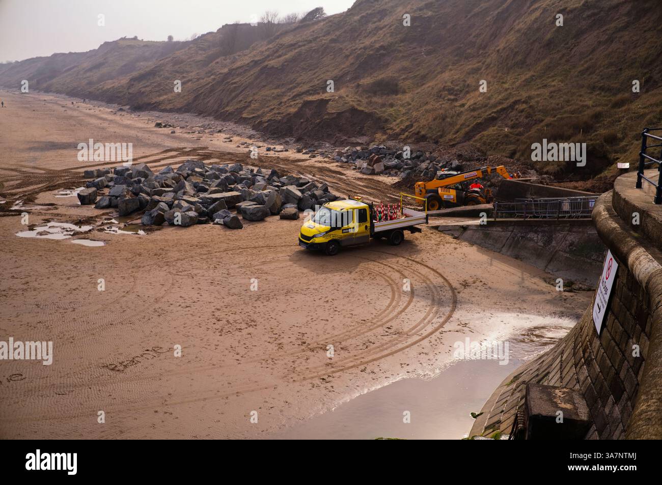 Sea defence work being carried out at Filey beach in North Yorkshire ...