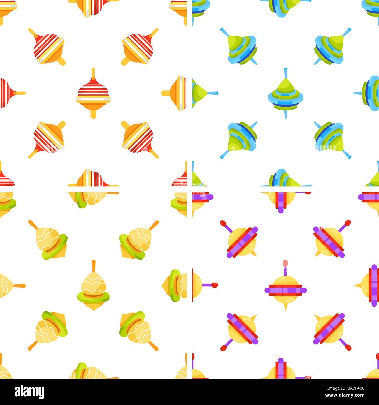 Colorful spinning top toy seamless pattern repeating on white ...