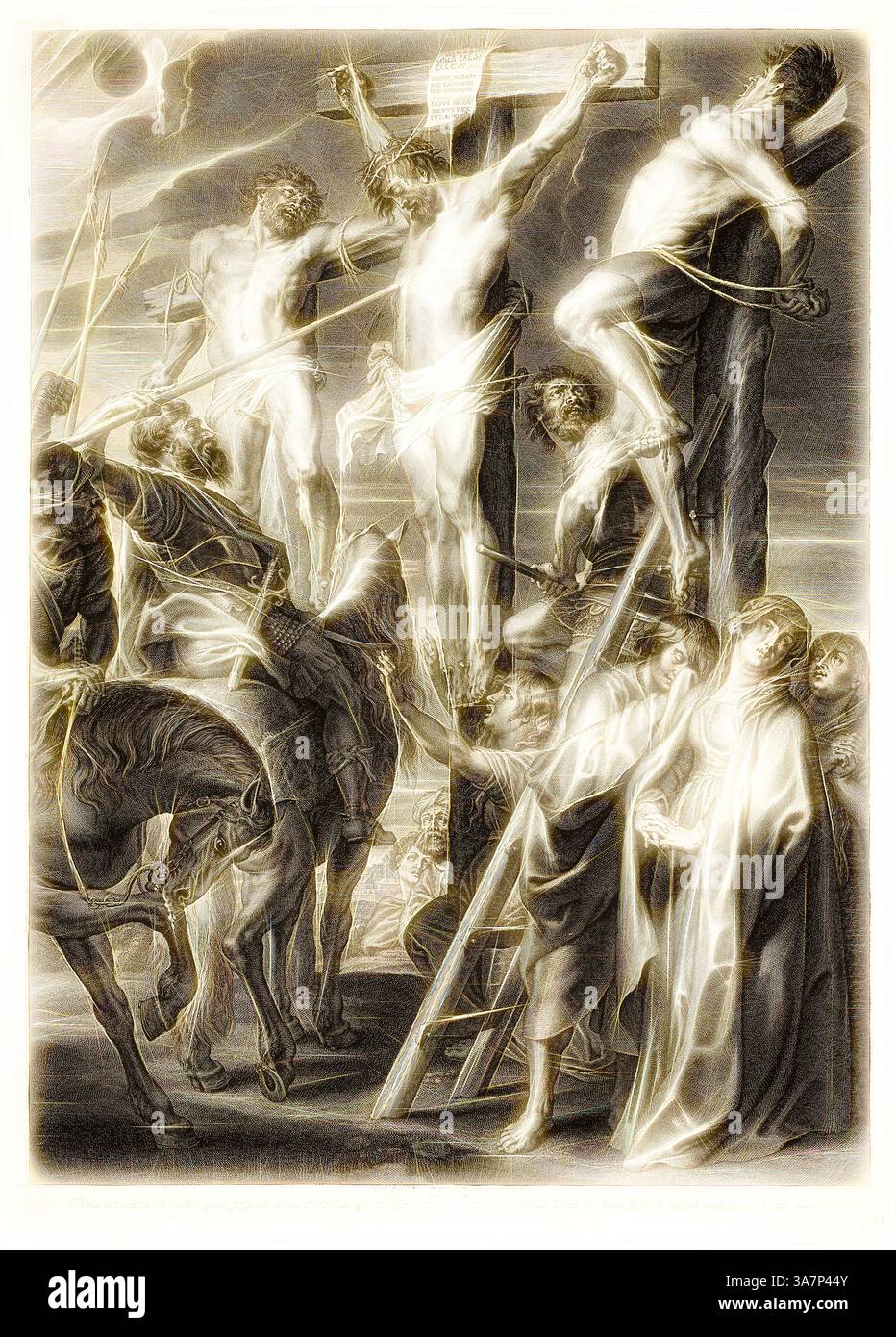 A dramatic depiction of the crucifixion scene, featuring figures on crosses with expressive ...