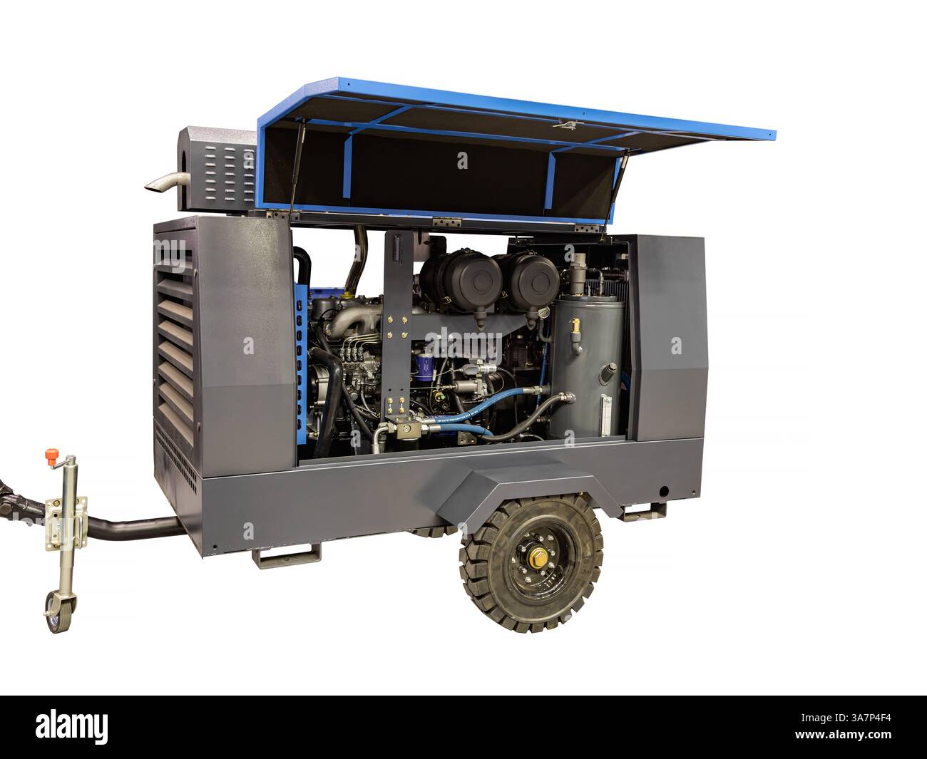 Powerful mobile air compressor with open hood, revealing its internal ...