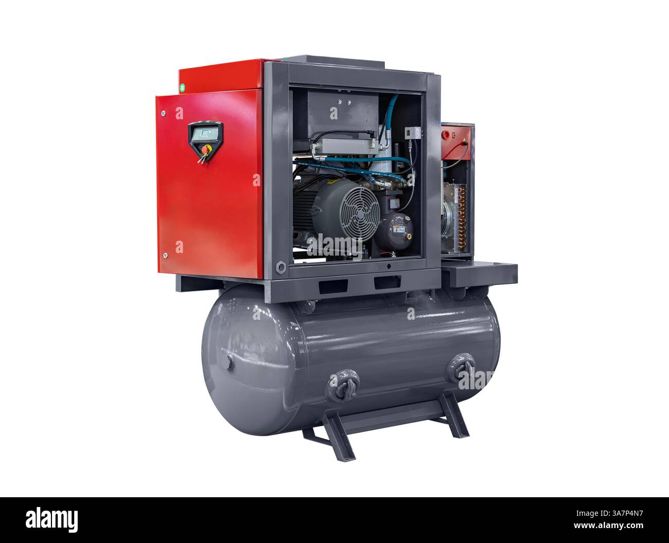 Red and gray industrial air compressor with visible motor, pipes, and ...