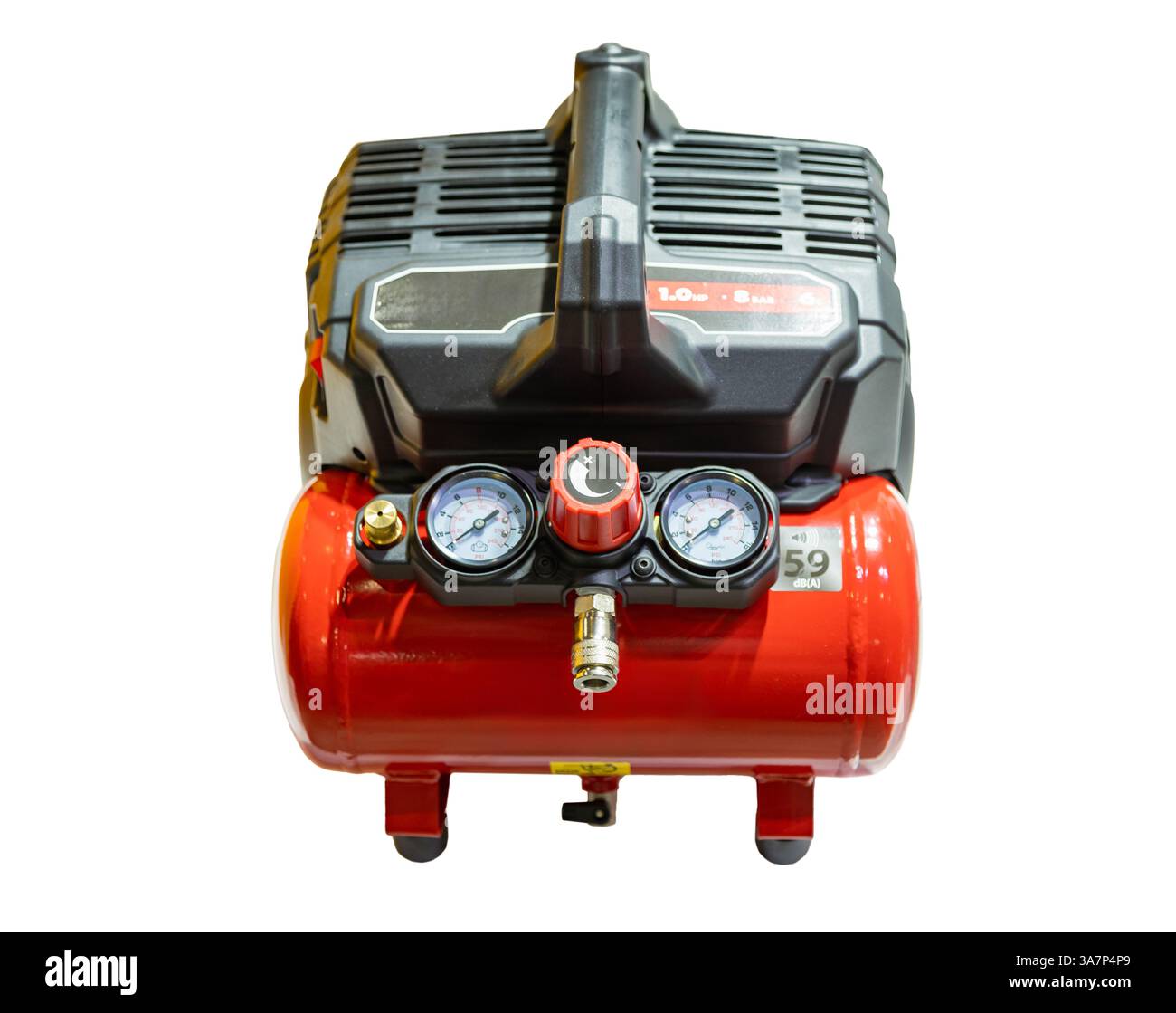 Red and black portable air compressor isolated on white background ...