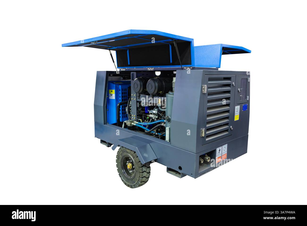 Powerful mobile air compressor with open cover, revealing its internal ...