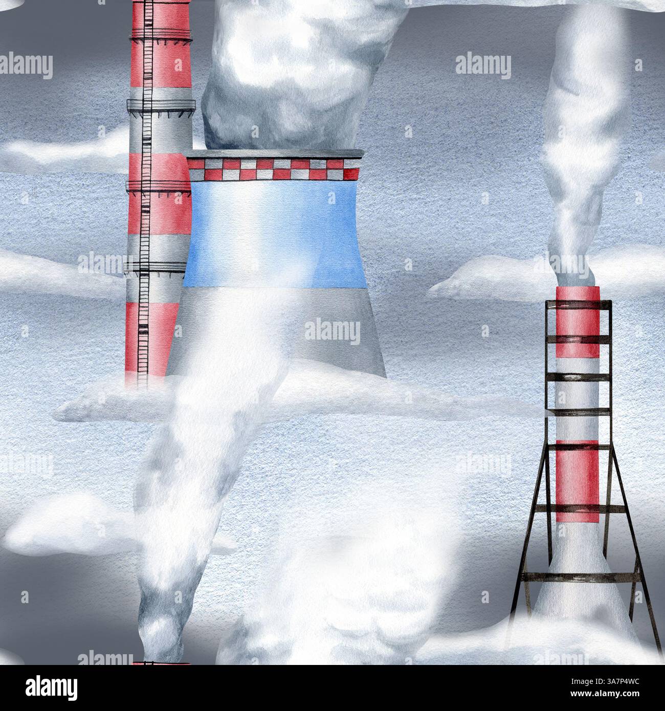 Industrial city factories watercolor seamless pattern isolated on grey ...