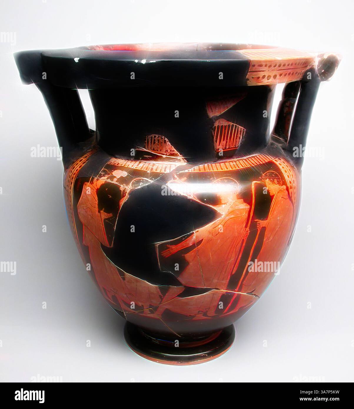 An ancient vase featuring intricate scenes of figures engaged in ...