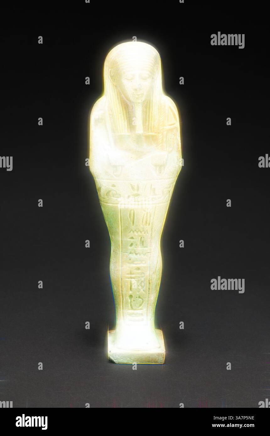 A luminous ancient sculpture depicting a standing figure with a serene ...