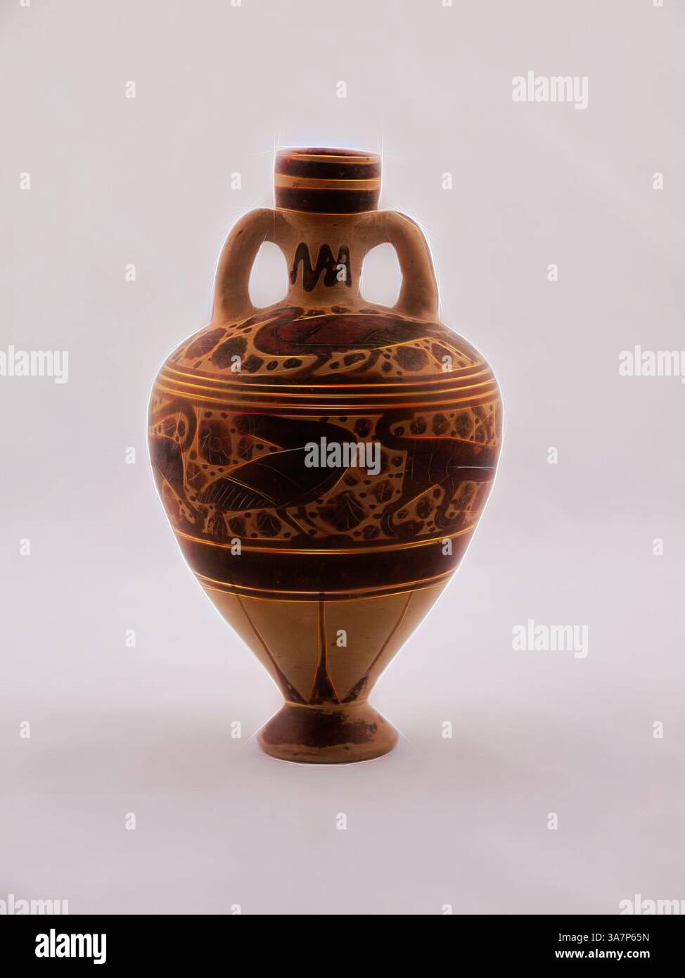 An ancient amphora adorned with intricate designs featuring fish and ...