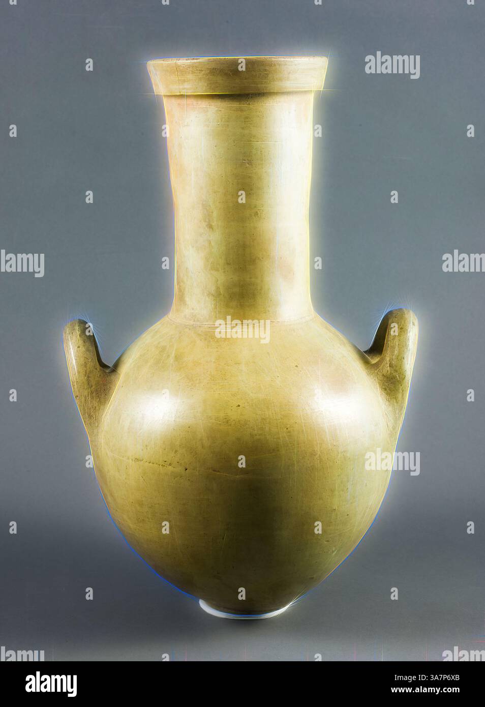 An ancient ceramic vase featuring a slender neck and two distinct ...