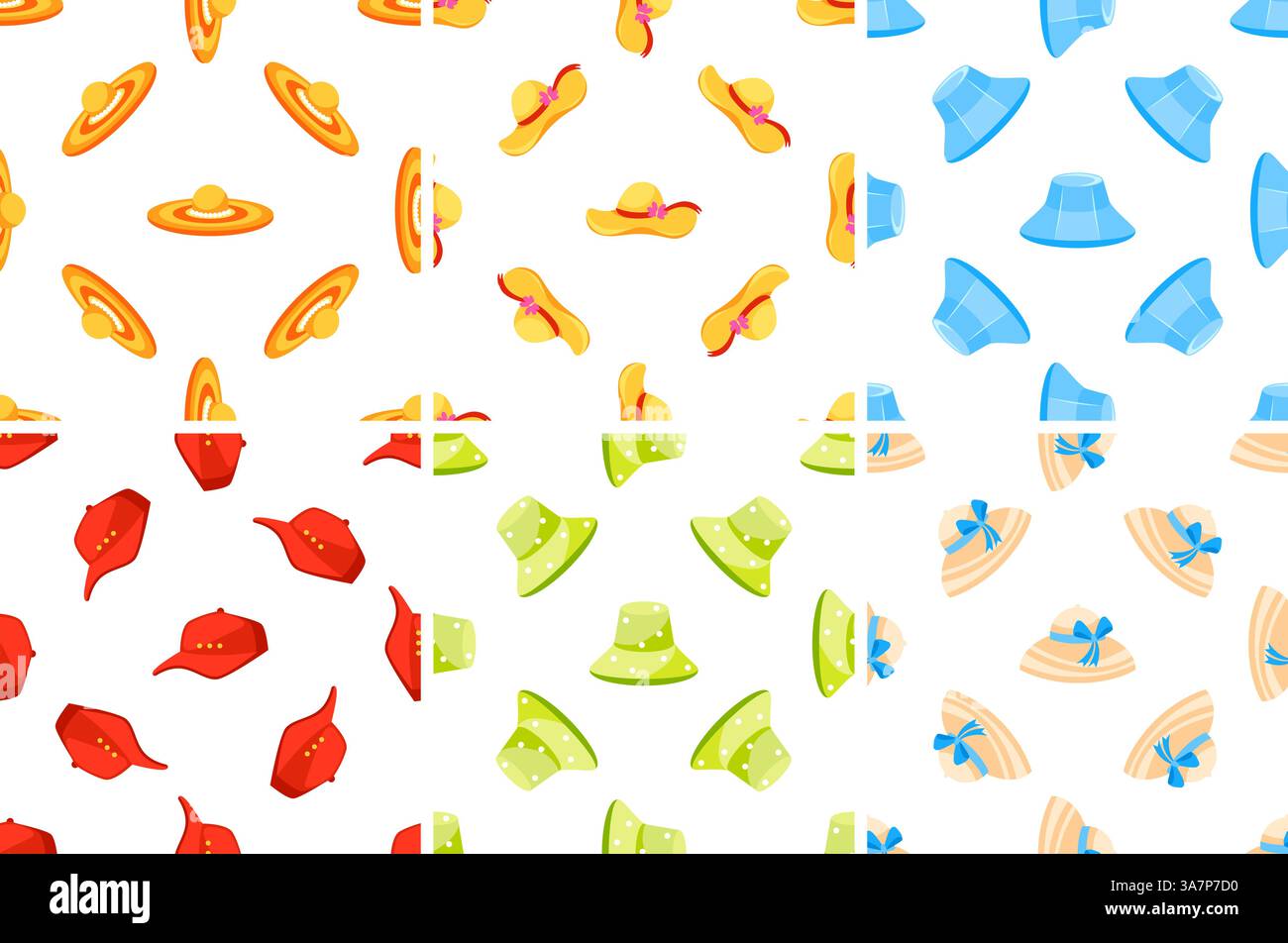 Seamless patterns with summer hats showing different models and colors ...