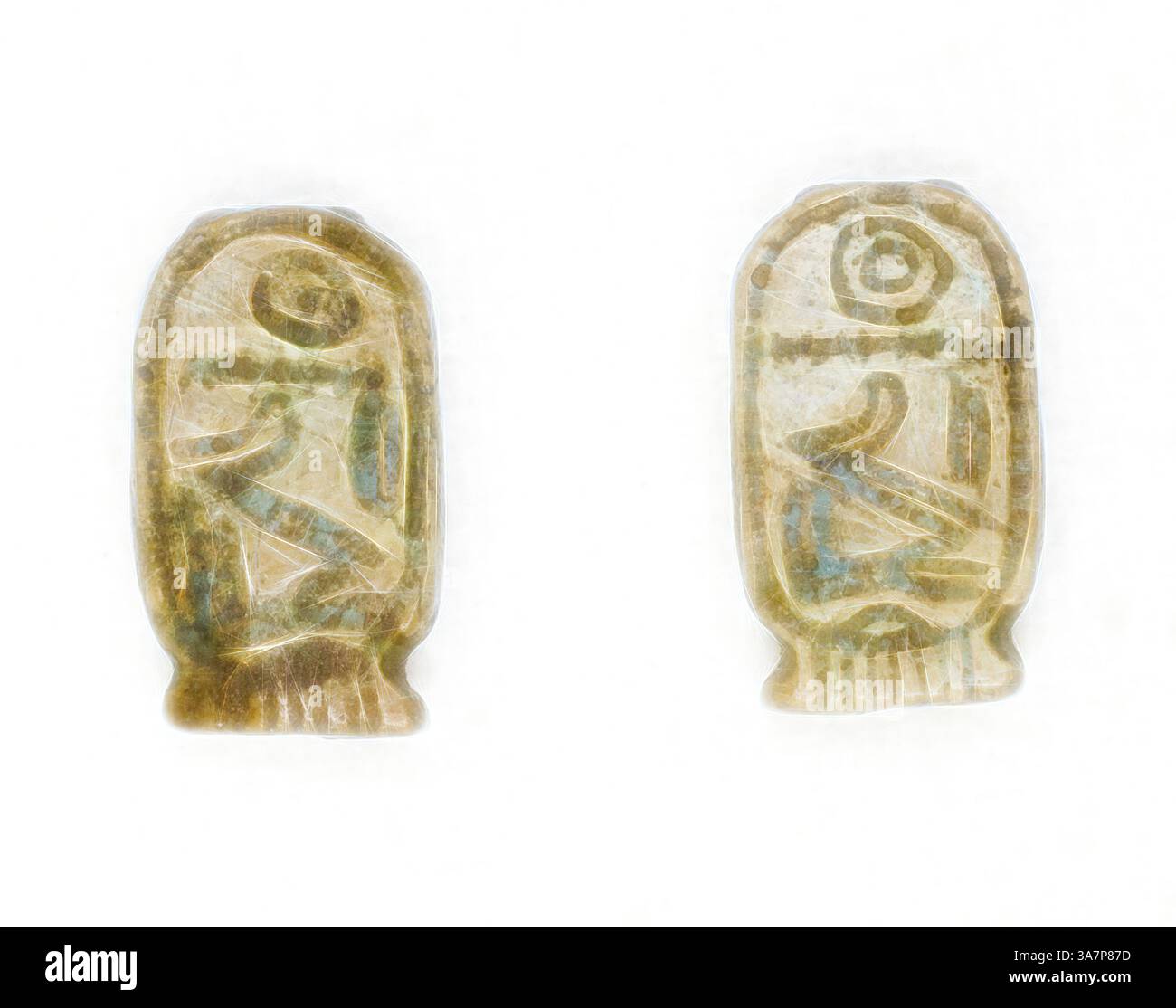 Two ancient artifacts featuring intricate carvings, depicting figures ...