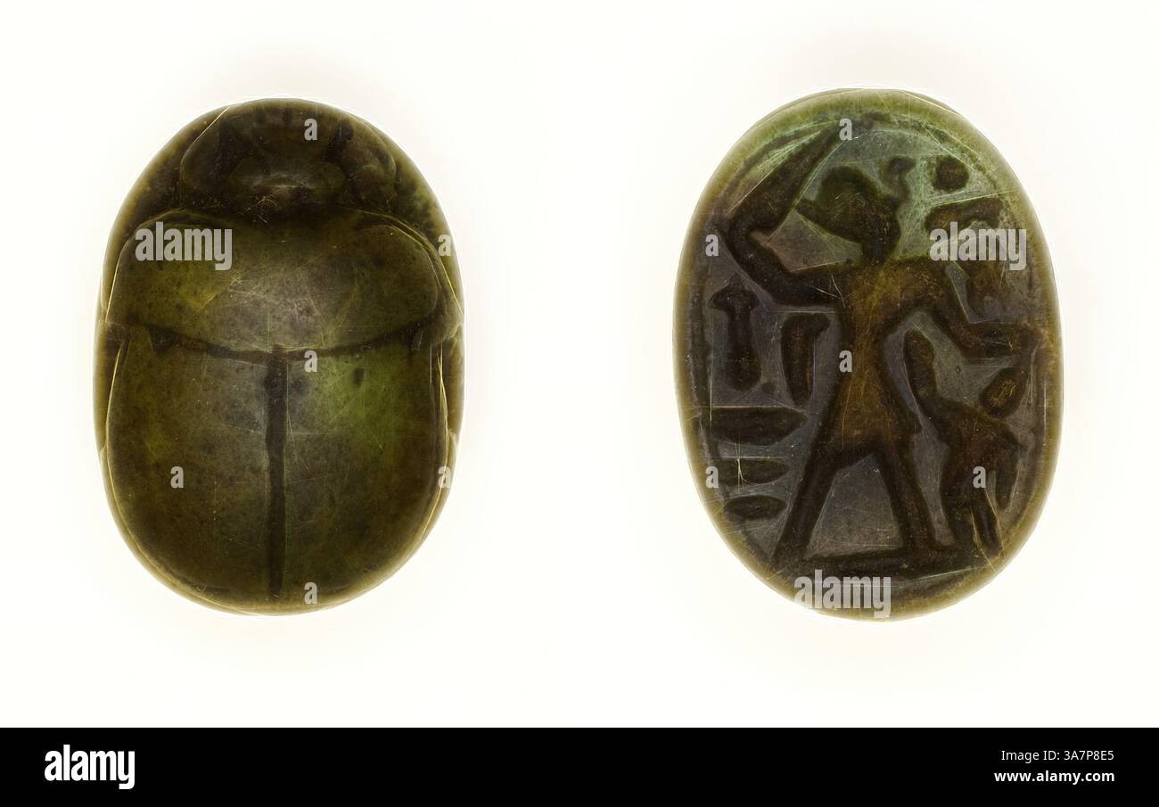 An intricately carved scarab amulet featuring a depiction of a figure ...