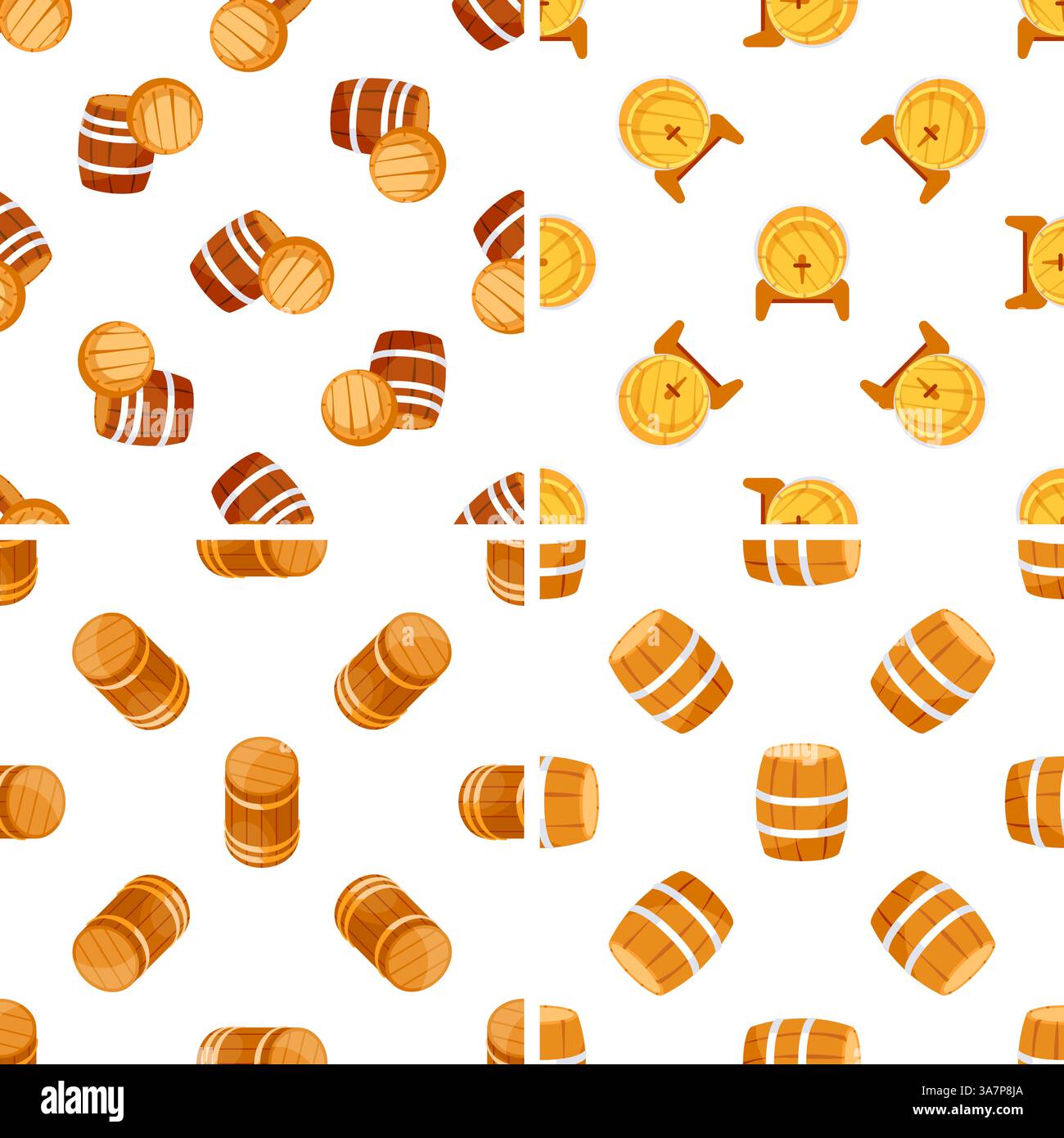 Seamless pattern with wooden barrels lying, standing and cut in half ...