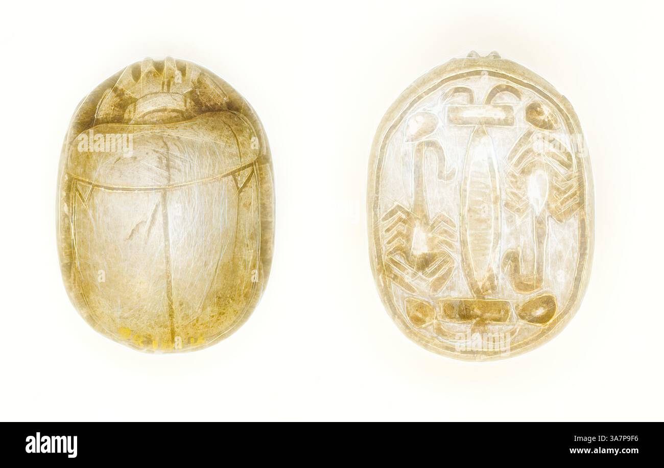 Two intricately carved scarab amulets, one showcasing a smooth, rounded ...