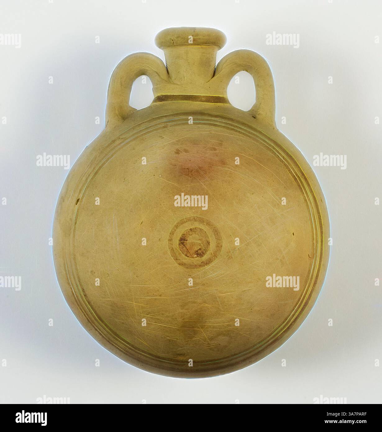 A round, shallow vessel with a smooth surface, featuring a short neck ...