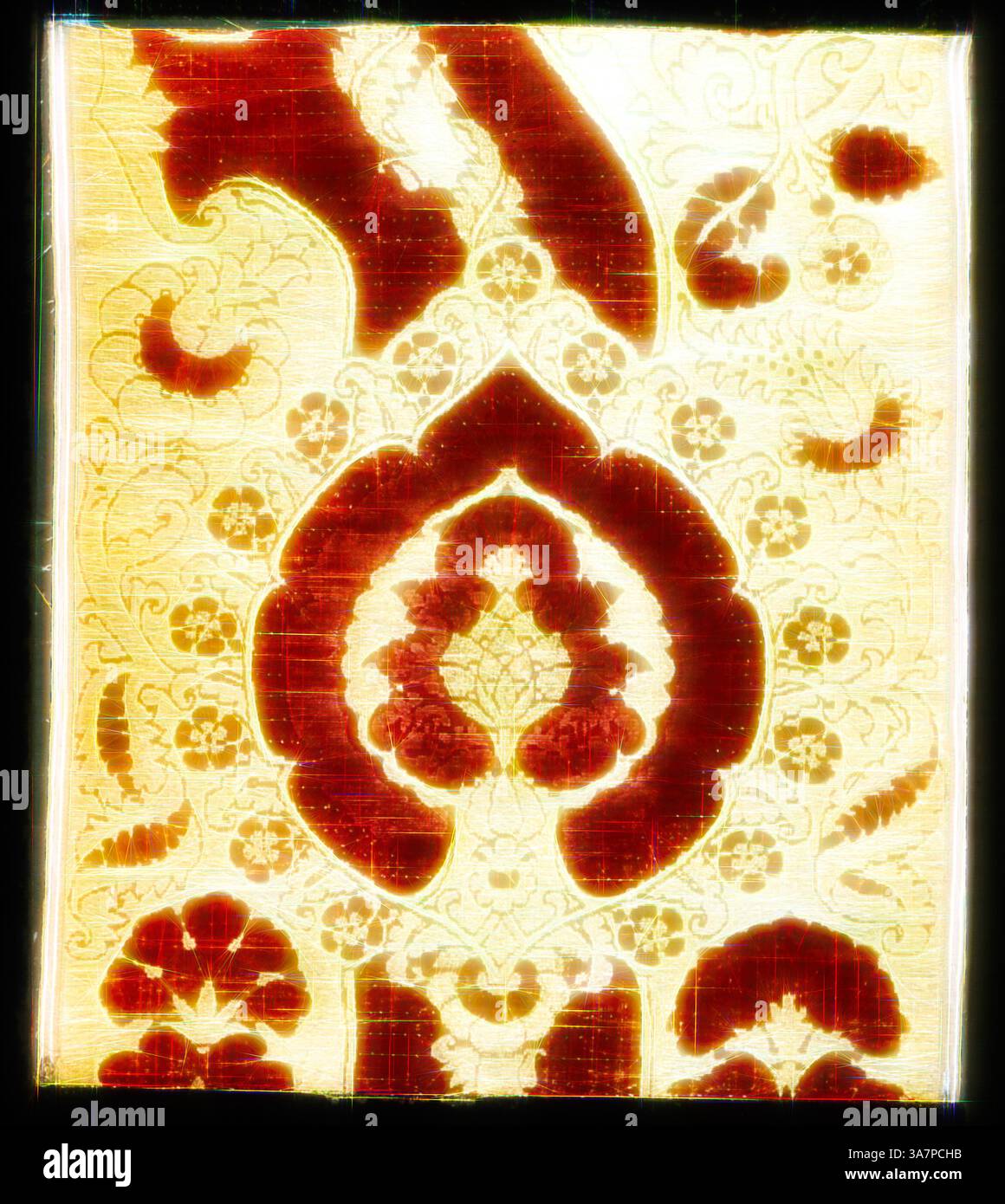 An intricate textile design featuring elaborate floral motifs and ...