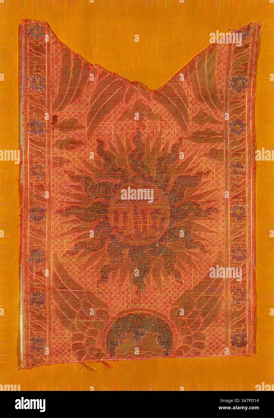 An intricate textile featuring a central sun motif surrounded by ornate ...