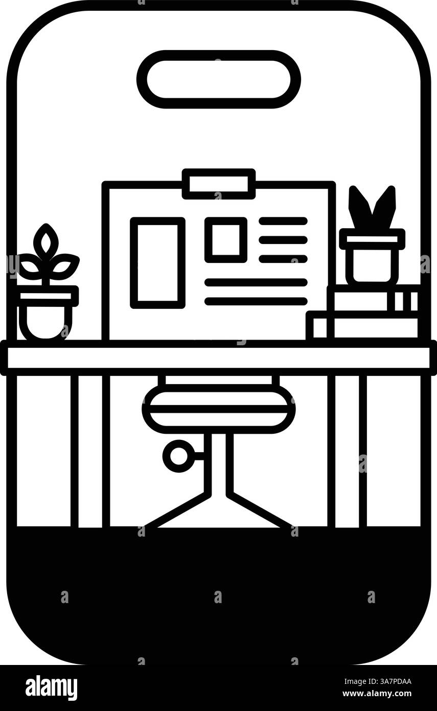 A black and white drawing of a desk with a chair and a potted plant ...