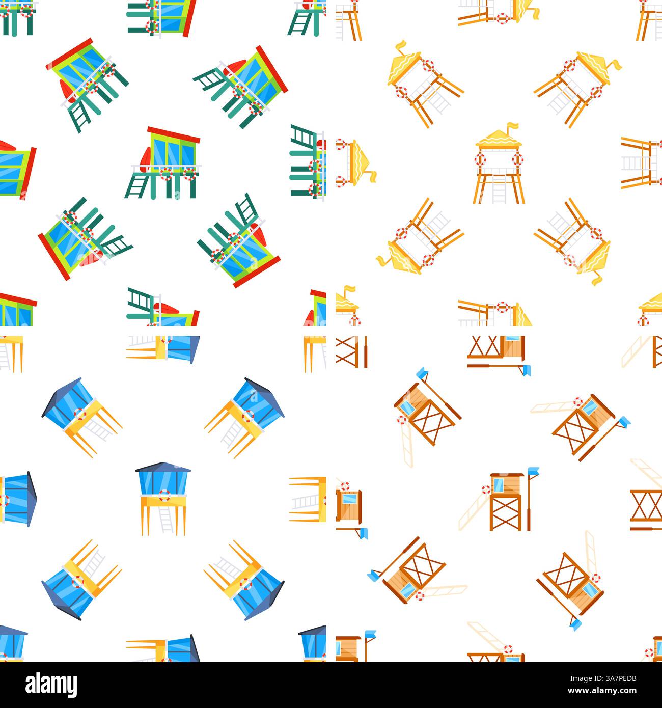 Lifeguard towers and stations creating colorful beach safety pattern ...