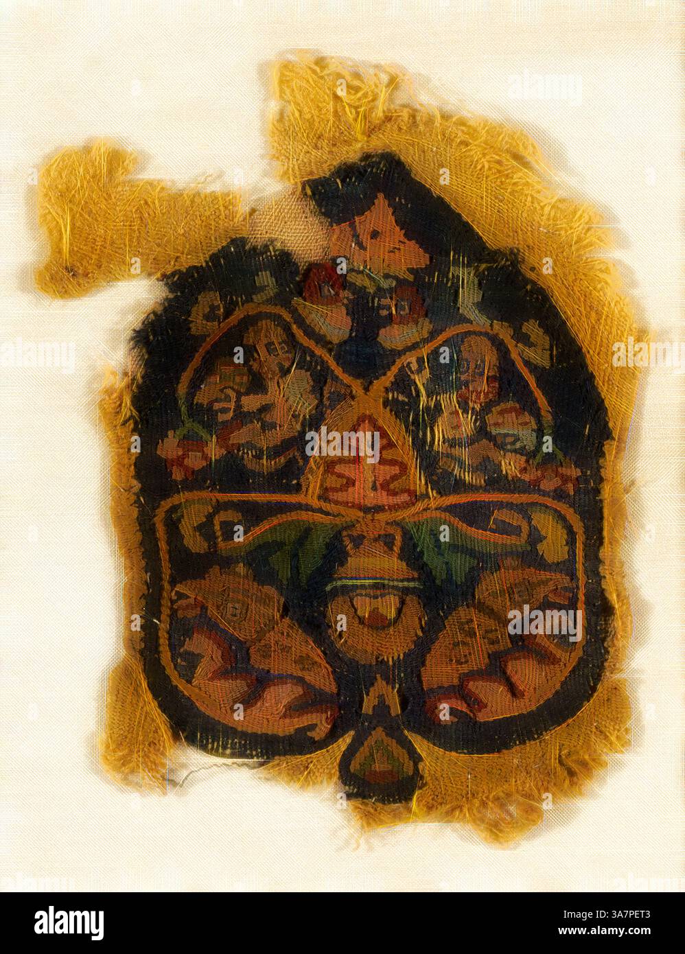 An intricately designed textile featuring vibrant colors and detailed ...