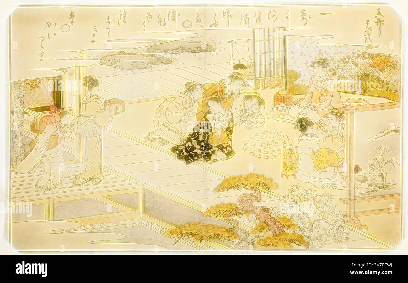 A traditional scene depicts elegantly dressed figures in a serene ...