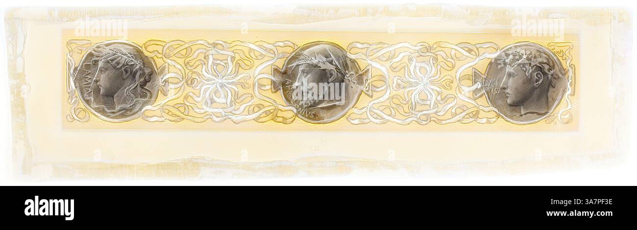 An intricate design features three stylized female faces framed by ...