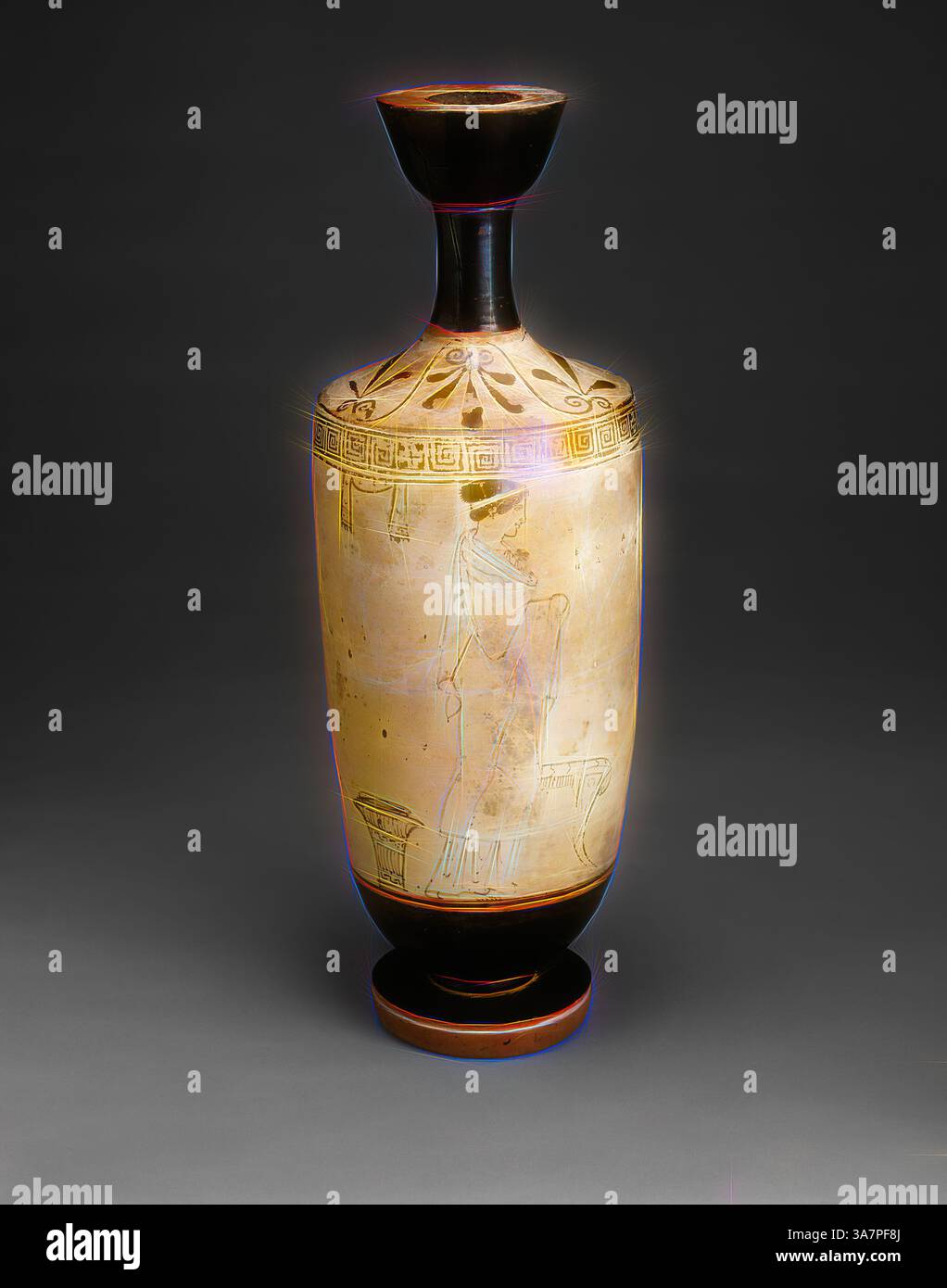 An ancient vase featuring intricate illustrations of a figure, adorned ...