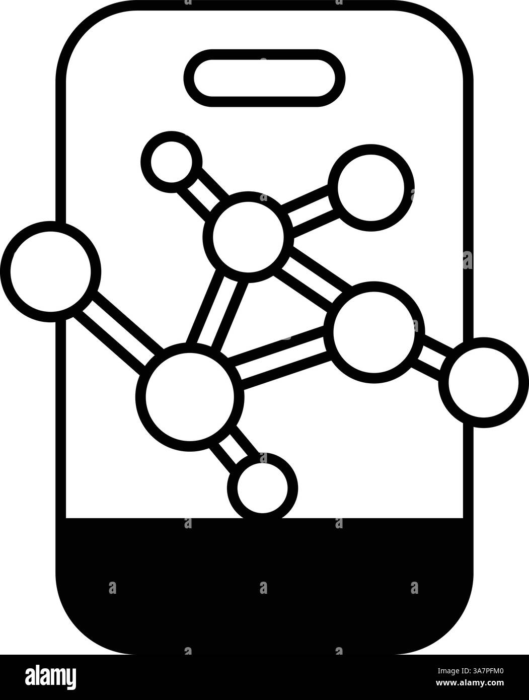 A black and white image of a cell phone with a molecular structure on ...