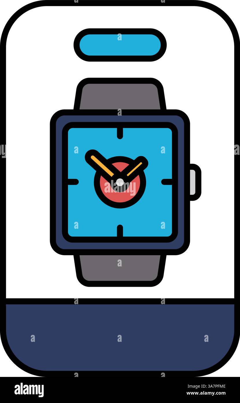 A watch with a blue face and a red hour hand. The watch is on a white ...