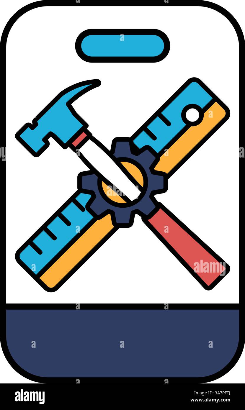 A hammer and a ruler are shown on a white background. The hammer is on ...