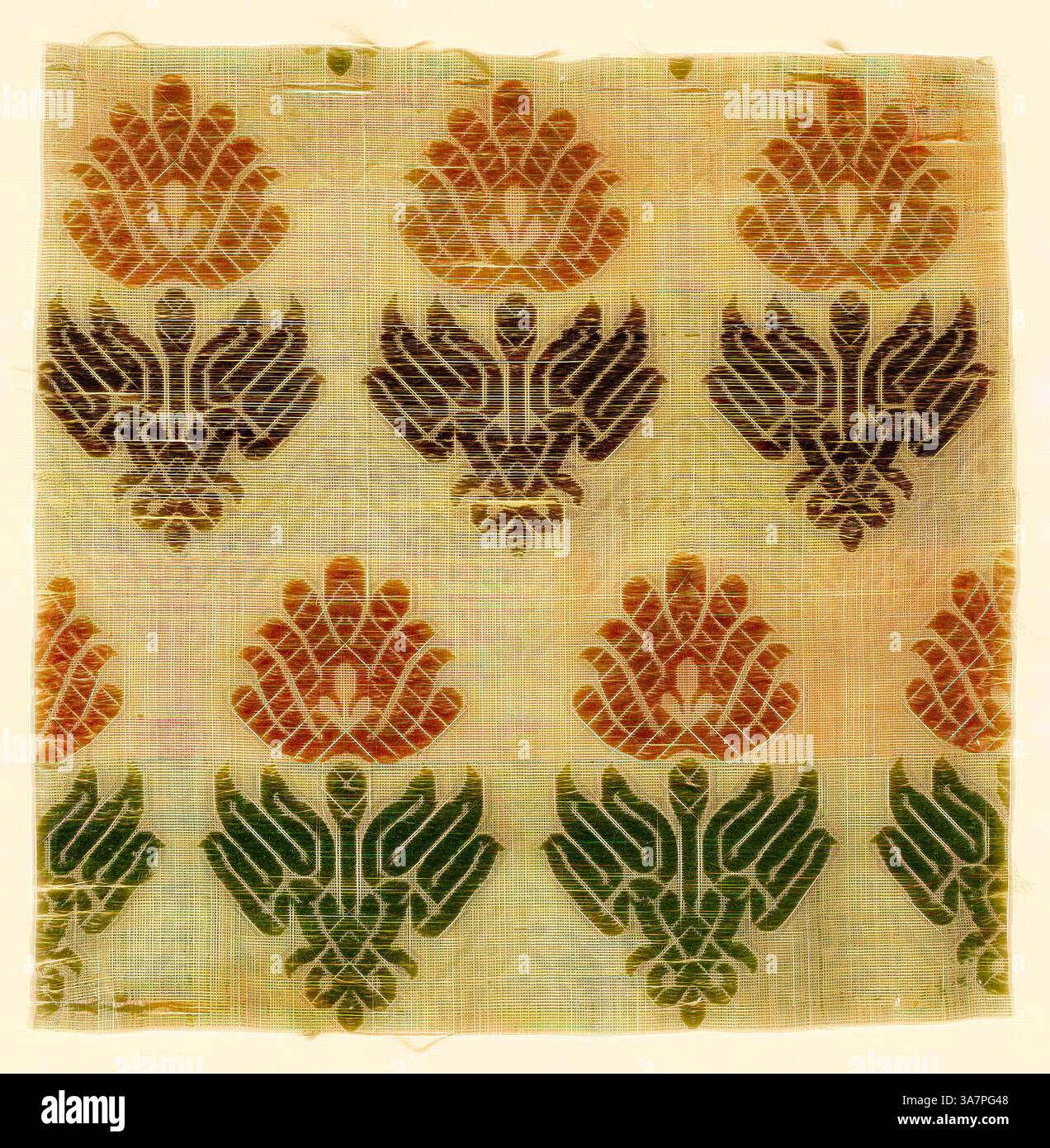 A textile design featuring a repeating pattern of stylized floral ...